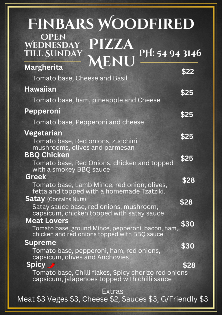 Woodfired Pizza Menu – FINBAR'S